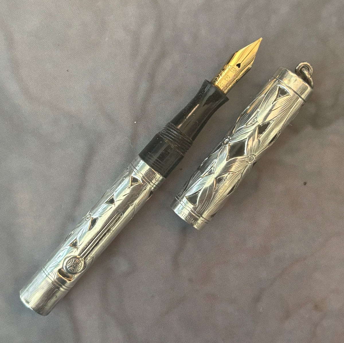 Waterman 452 1/2 V Fountain Pen & Pencil- Fully Etched Sterling